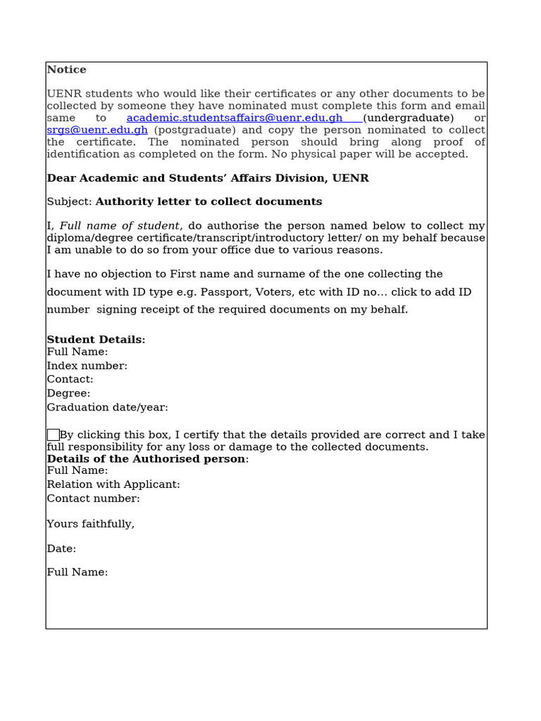 UENR Authority Letter Collection of Documents | PDF