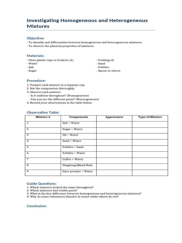 Homogeneous vs Heterogeneous Mixtures Guide | PDF