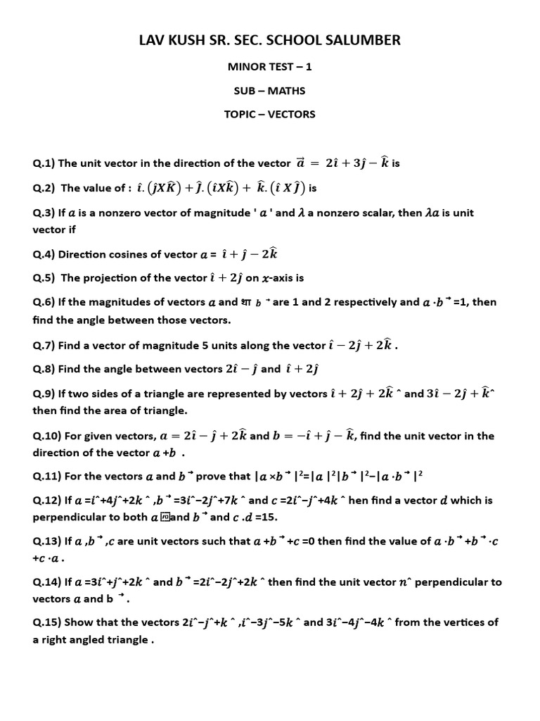 Maths Minor Test on Vectors | PDF