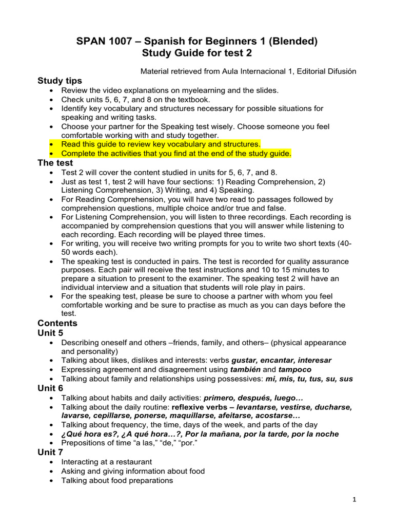 Study Guide for Test 2 SPAN 1007 | PDF | Alimentos | Comportamientos ...