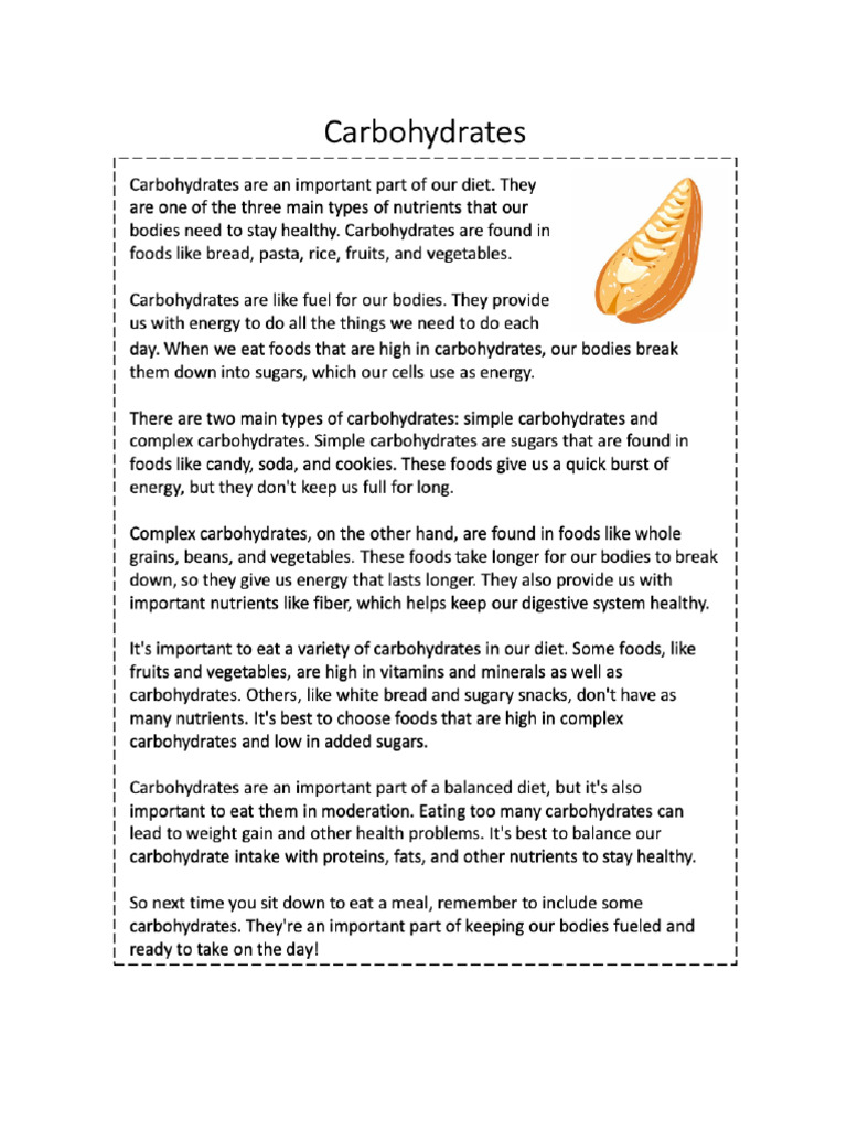 Literacy HW - Reading Comprehension - Carbohydrates | PDF