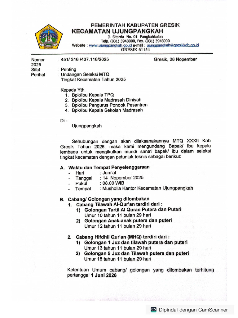 Undangan Seleksi MTQ TK.kecamatan 2025 | PDF