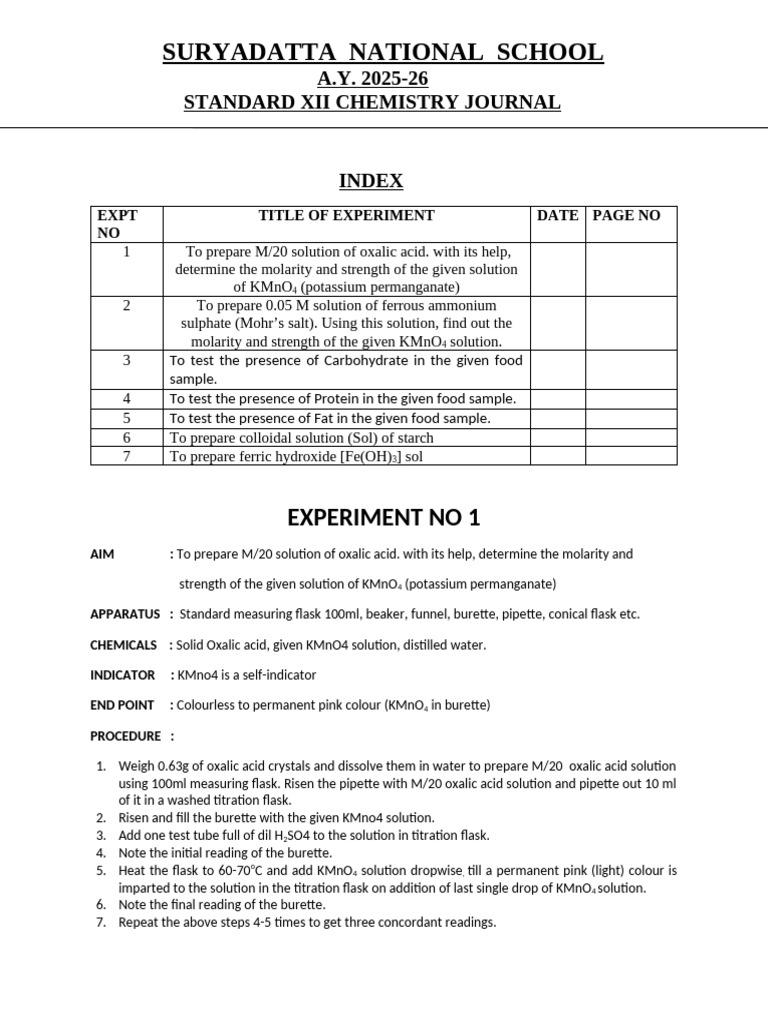 Practical Xii Chemistry_2025!26!1-7 | PDF | Titration | Chemistry