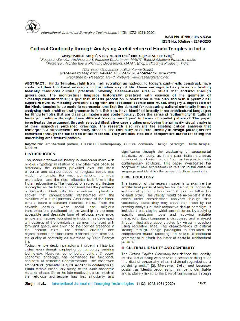 Cultural Continuity Through Analysing Architecture of Hindu Temples in ...