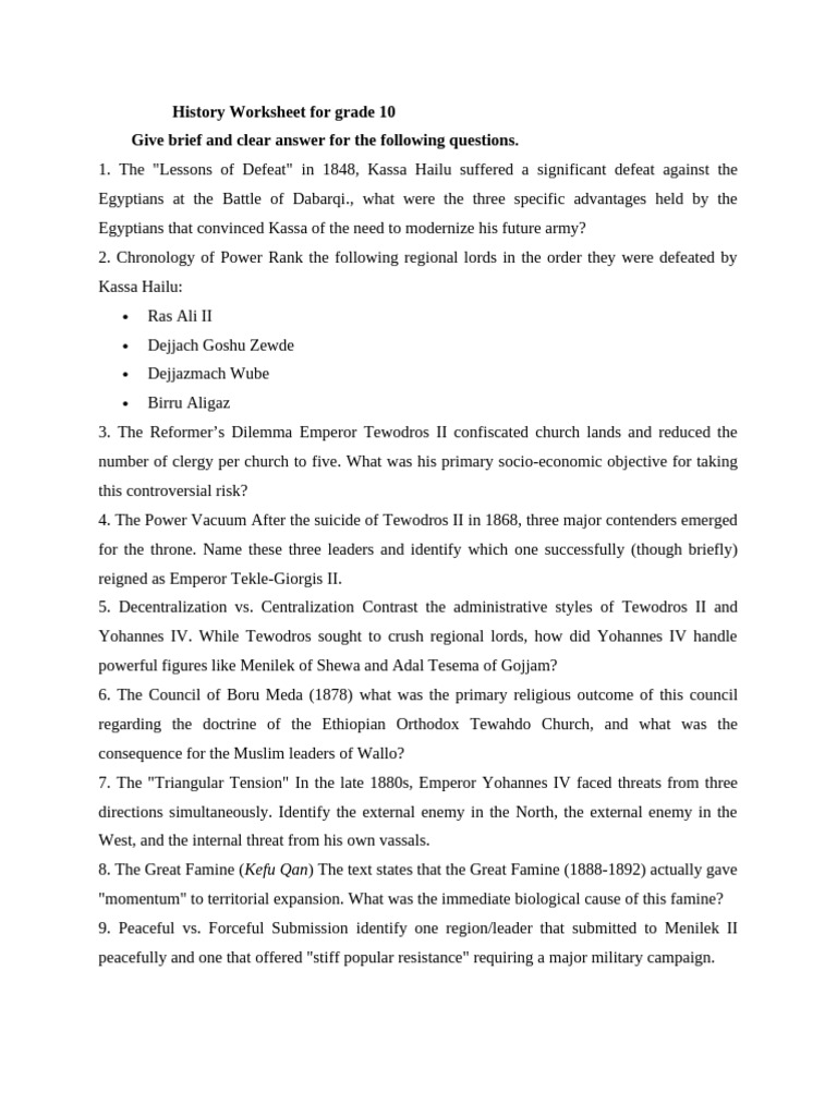 Grade 10 History Worksheet: Ethiopian Leaders | PDF | Ethiopia