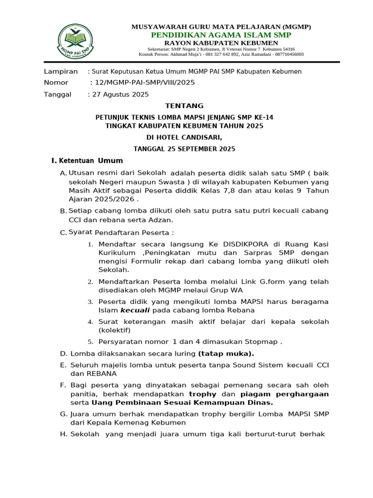 Petunjuk Lomba MAPSI SMP Kebumen 2025 | PDF