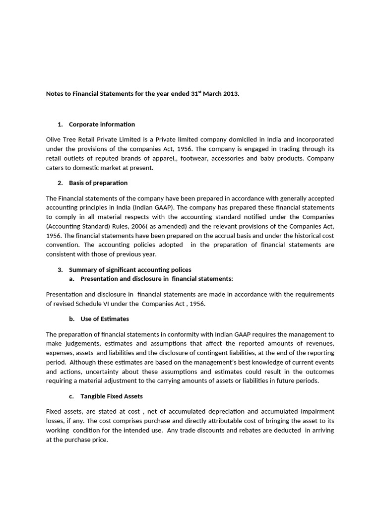 Notes to Financial Statements for the Year Ended 31st March 2013 | PDF ...