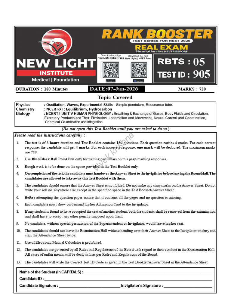 NEET 2026 Exam Instructions and Topics | PDF | Waves | Sound