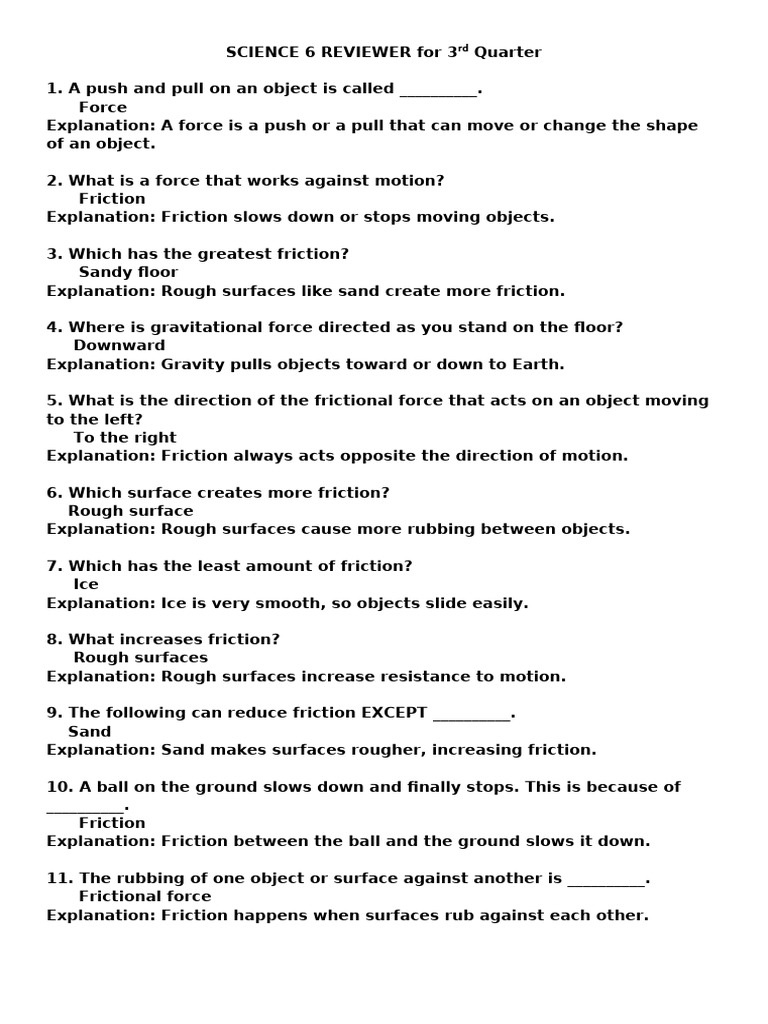 6th Grade Science 3rd Quarter Review | PDF | Friction | Machines