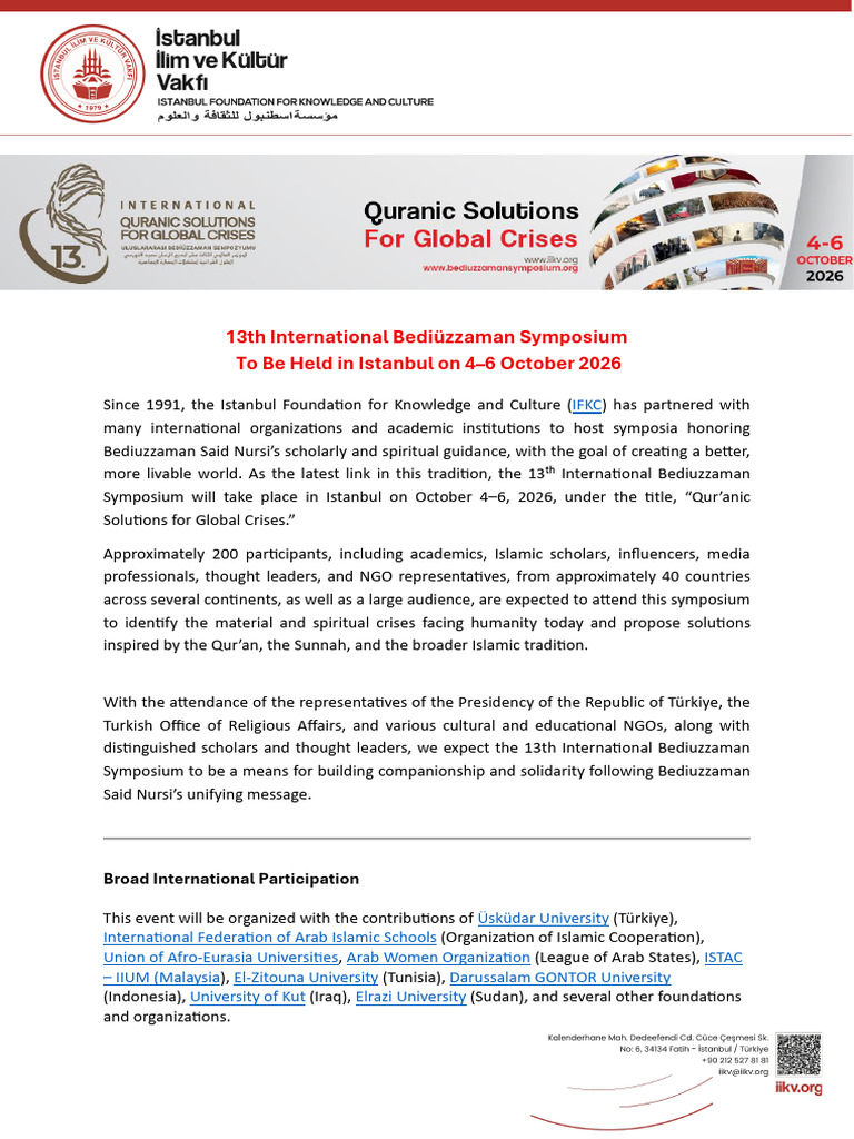 13th Bediuzzaman Symposium 2026 | PDF | Abrahamic Religions