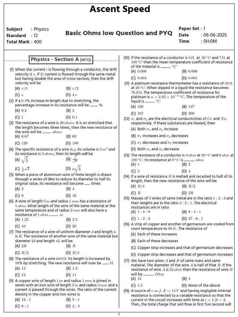 Basic Ohms Low Question and PYQ 1749189045 | PDF | Electric Current ...