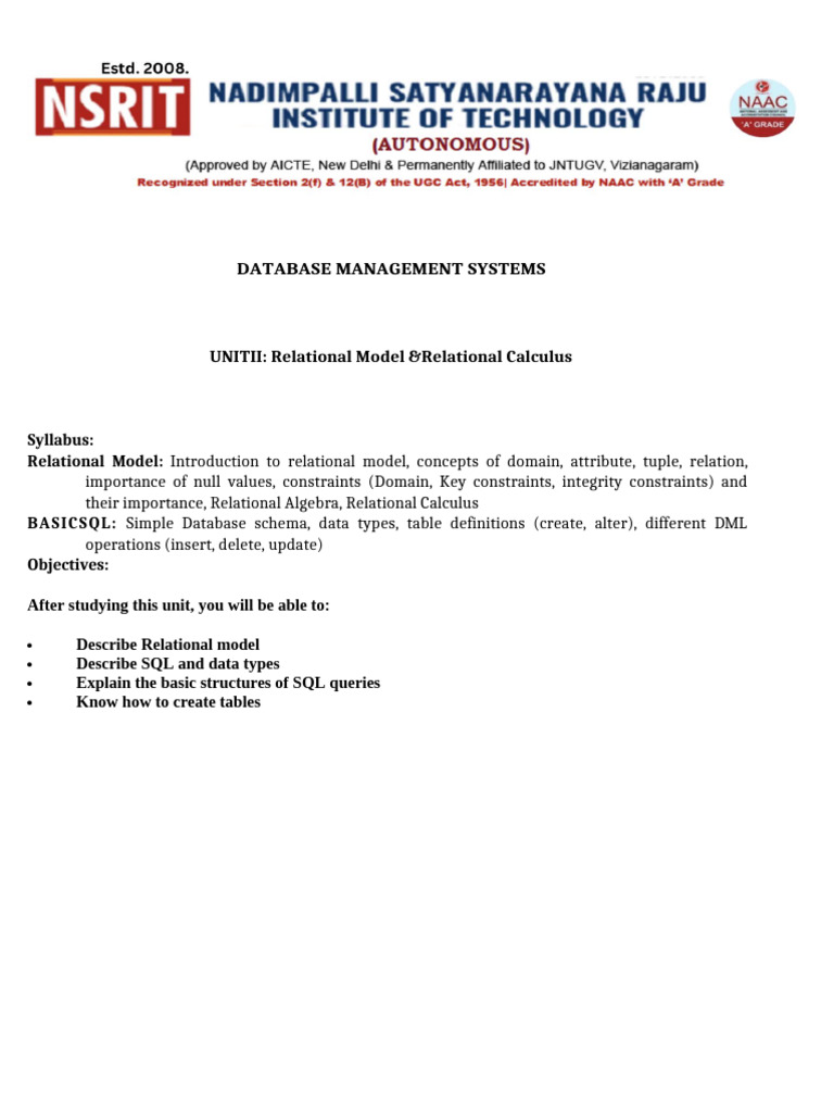 DBMS UNIT - 2 (1) | PDF | Relational Model | Relational Database
