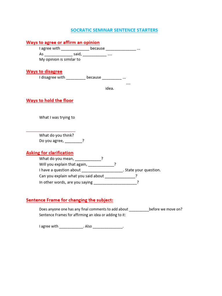 Socratic Seminar Sentence Starters | PDF