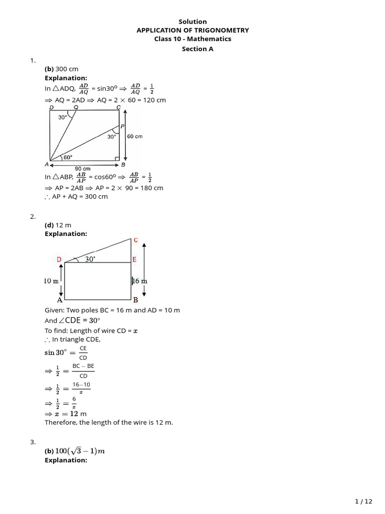 Std X Some Applications of Trigonometry Worksheet Answerkey | PDF ...