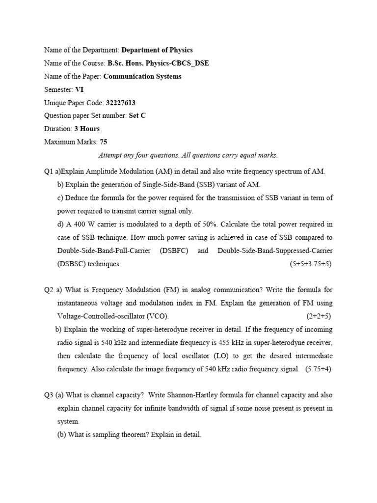 Communication Systems Exam Paper - B.Sc. Physics | PDF | Frequency ...
