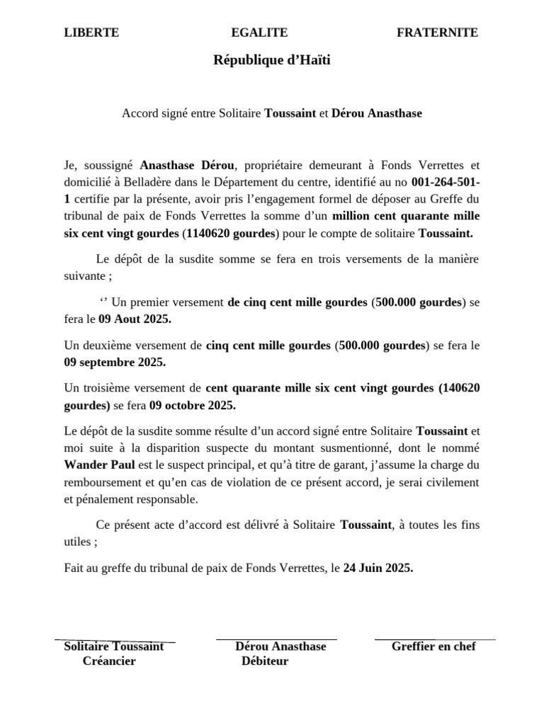 Accord de paiement entre Toussaint et Dérou | PDF