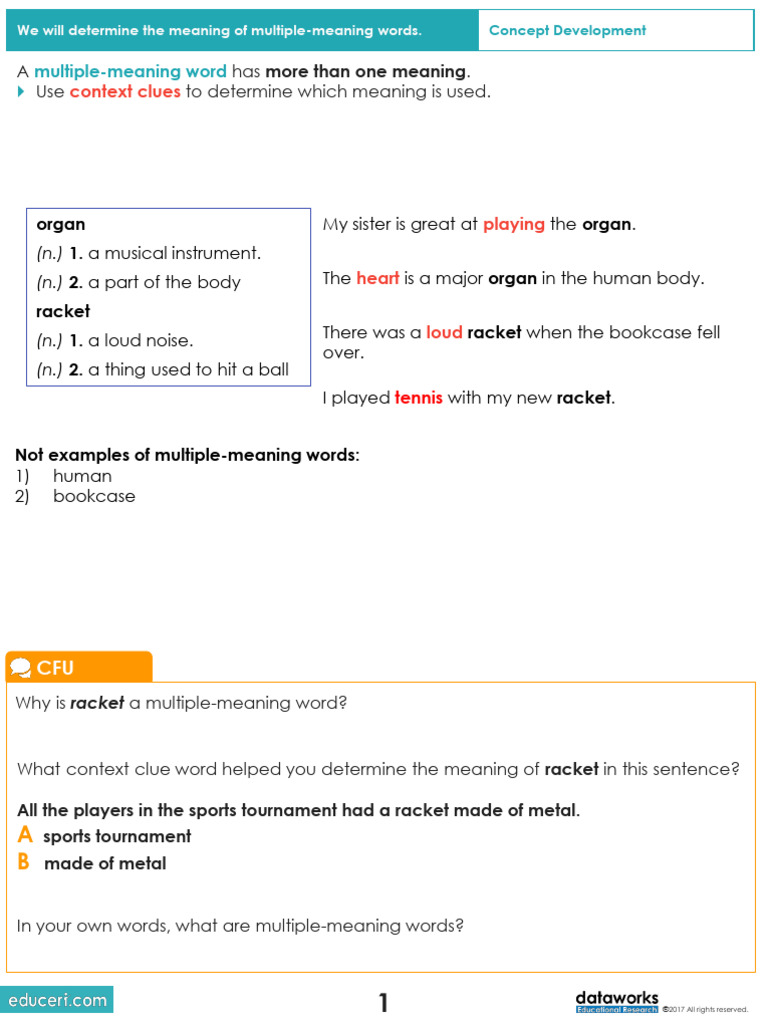Determine the Meaning of Multiple-Meaning Words (L.4.4.A) [143] Student ...