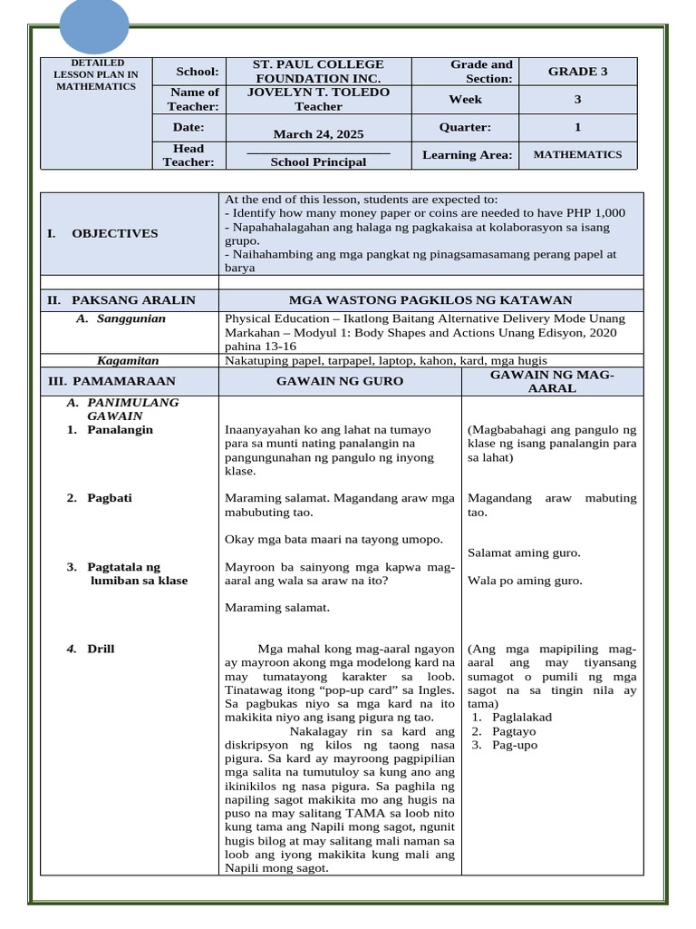 Detailed Lesson Plan in Math Grade 3 | PDF