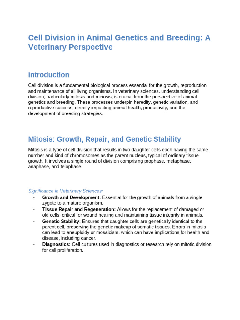 Cell Division in Vet Genetics | PDF | Meiosis | Reproduction
