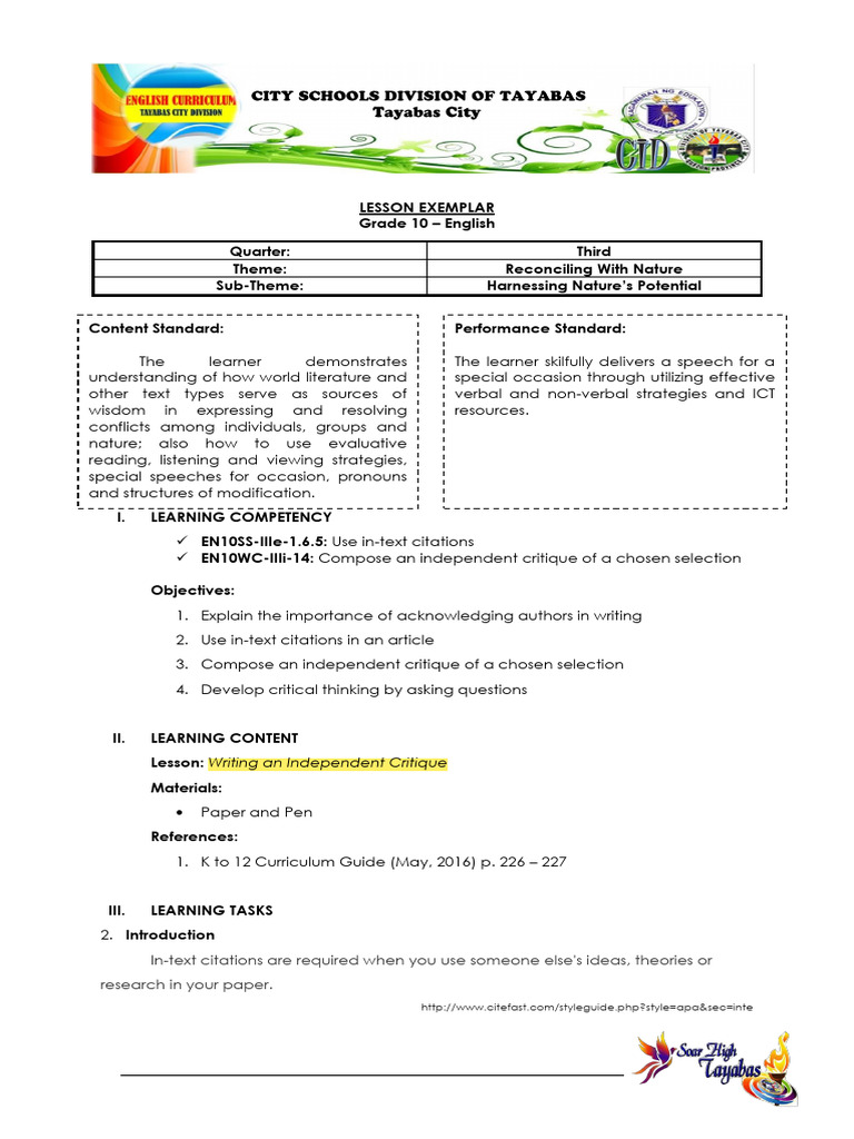 Grade 10 English: Writing Critiques & Citations | PDF | Plagiarism ...