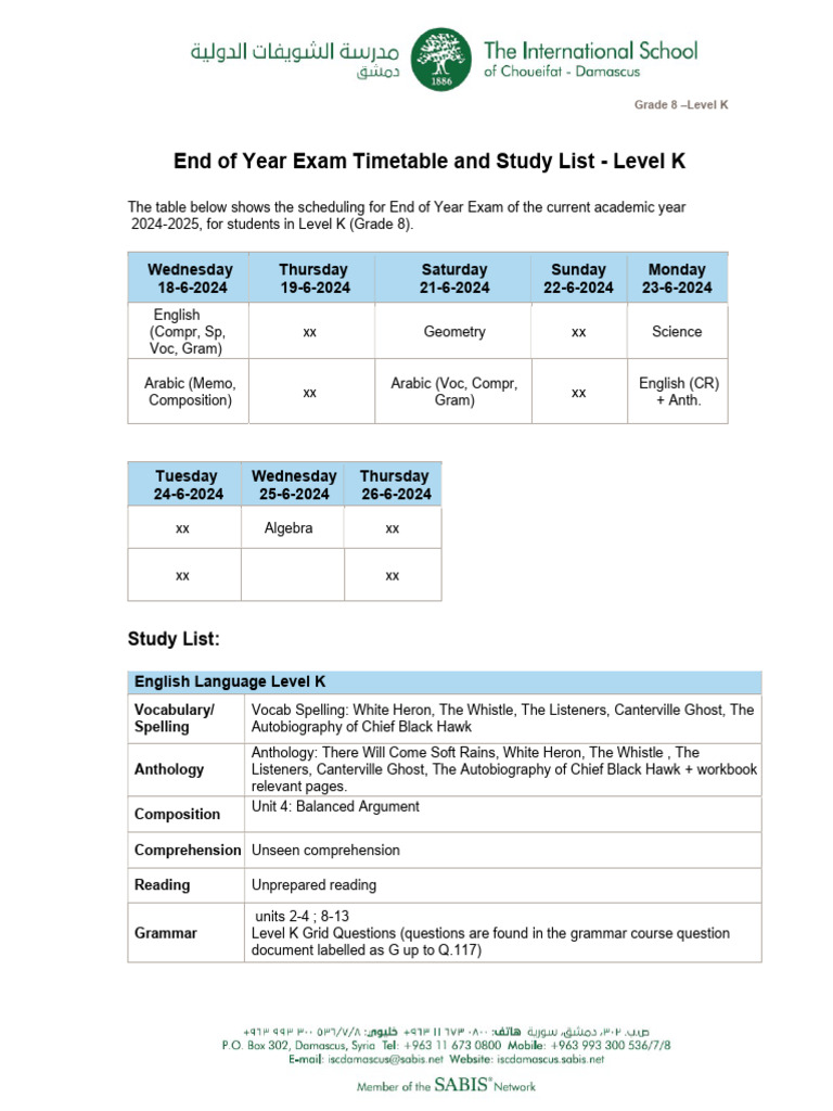 End of Year Exam Study List and Timetable - G8 | PDF