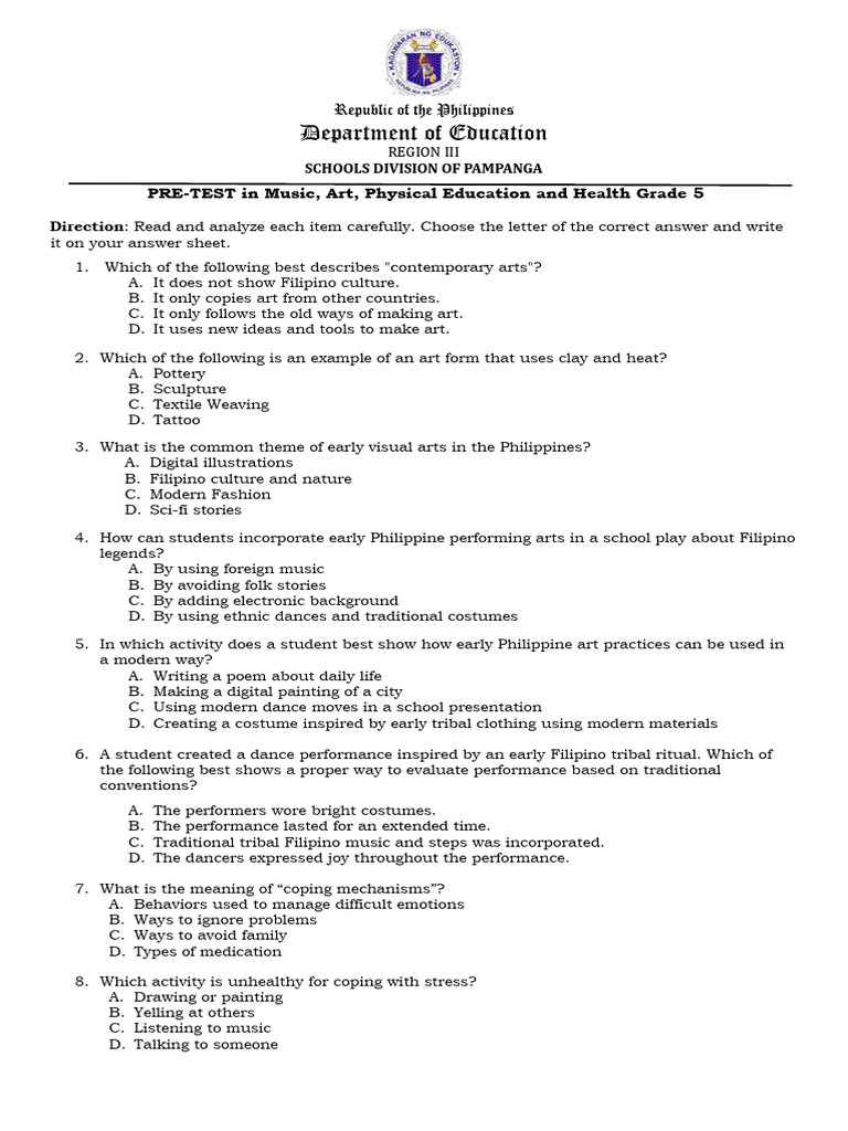 Grade 5 Arts and Health Pre-Test Guide | PDF | Substance Abuse | Dances