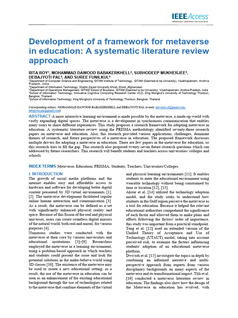 Development of a Framework for Metaverse in Education a Systematic ...