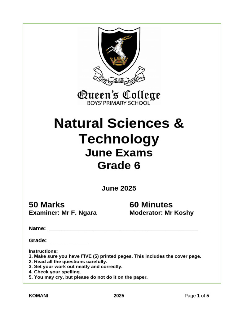 Grade 6 Natural Science Exam 2025 | PDF | Mixture | Water