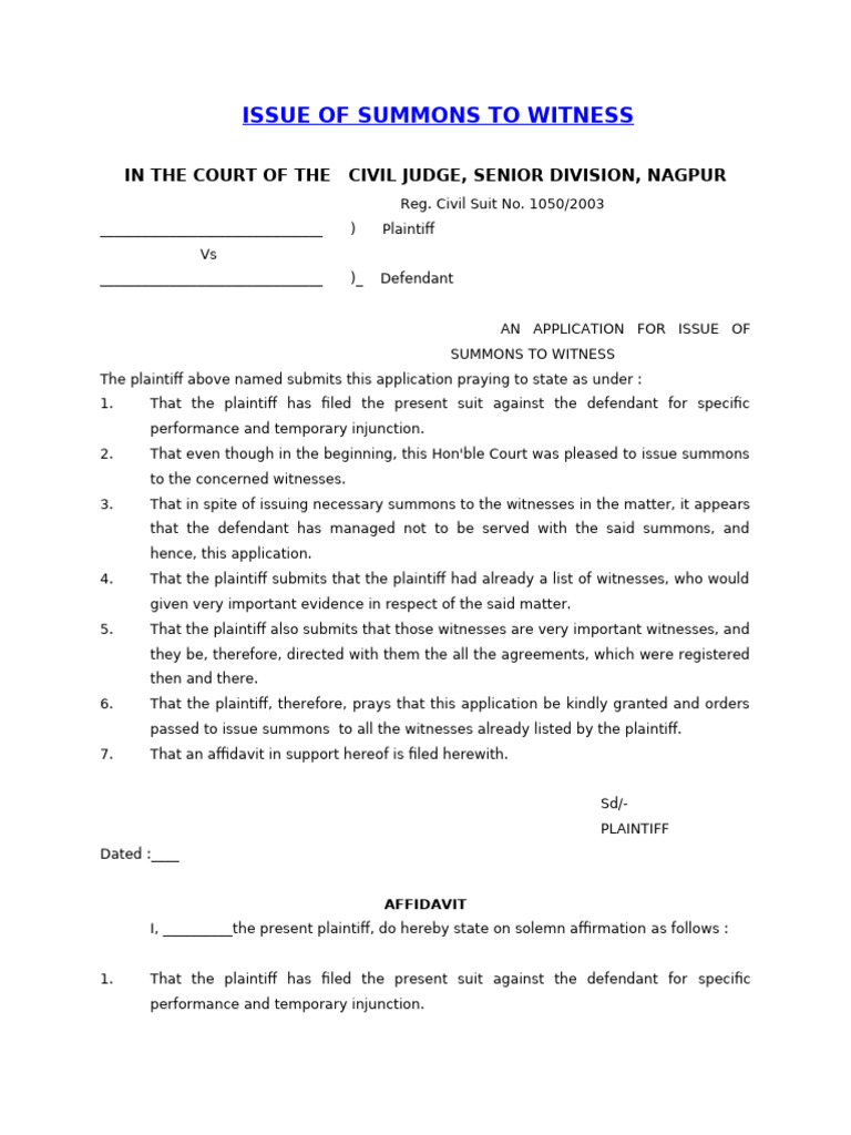 Application for Witness Summons in Court | PDF | Lawsuit | Summons