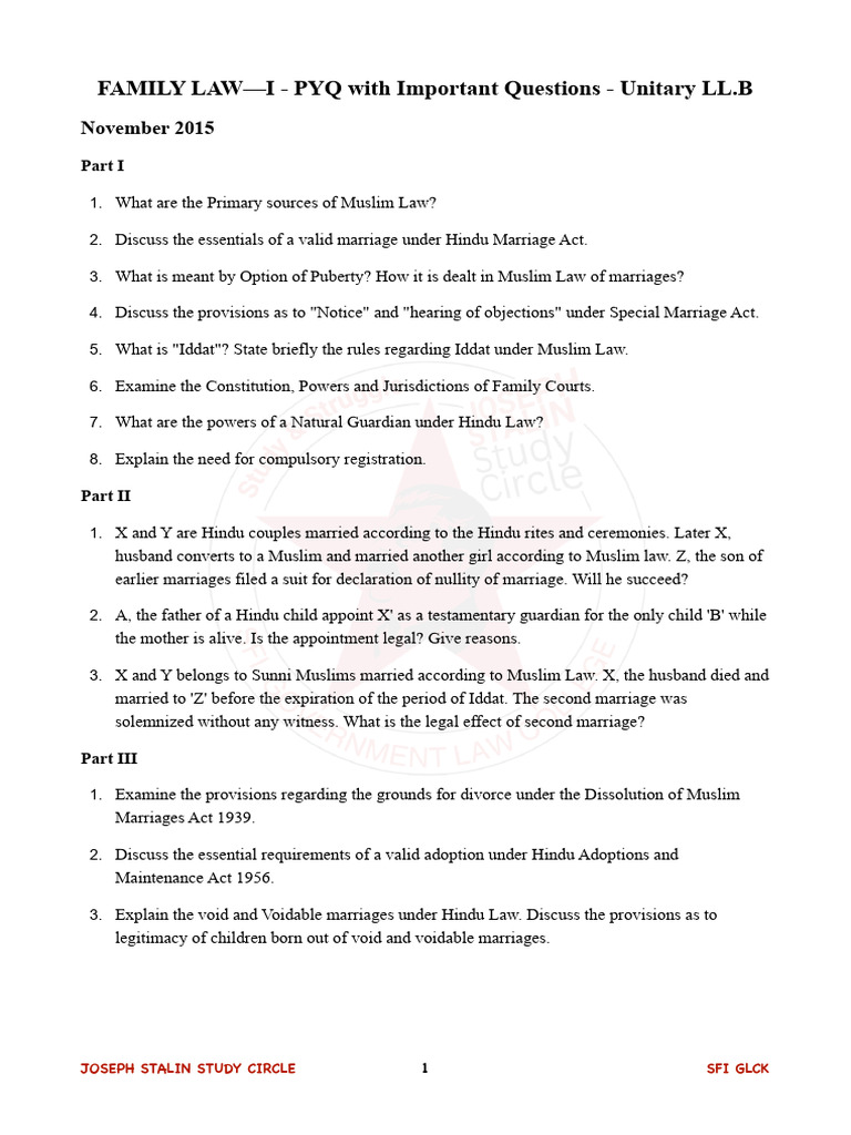 Family Law Exam Questions and Analysis | PDF | Marriage | Annulment
