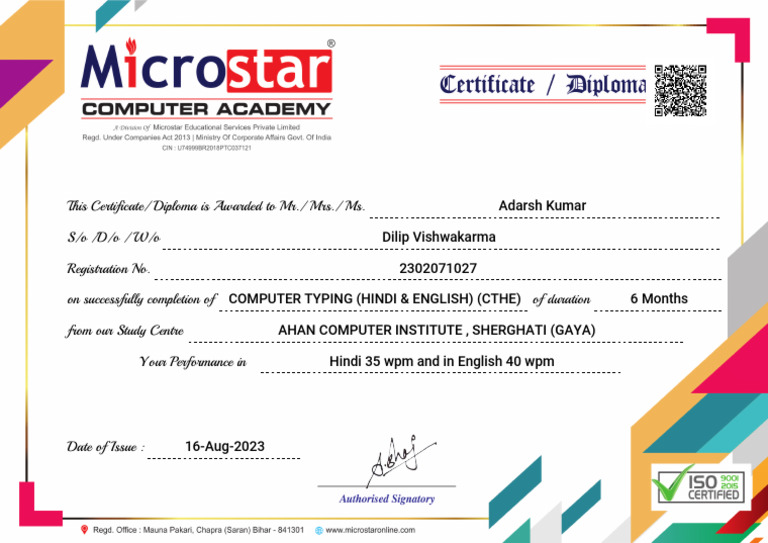 Computer Typing Certificate for Adarsh Kumar | PDF