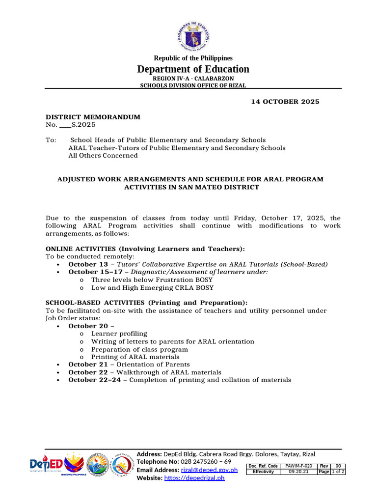 Adjusted ARAL Program Schedule 2025 | PDF | Learning