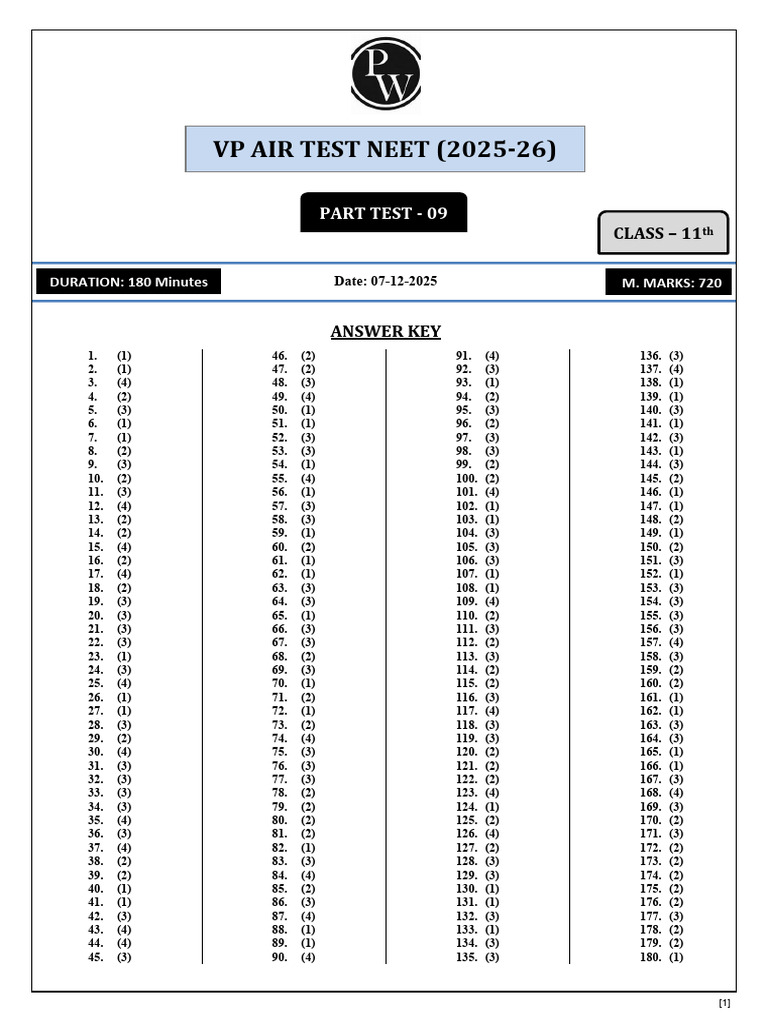 VP AIR Part Test-09_Class 11th_NEET (2025)_07!12!2025_Answer Key ...