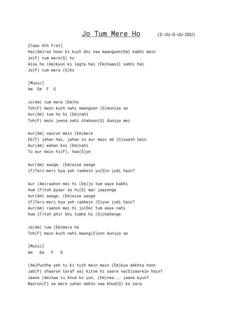 Jo Tum Mere Ho - Lyrics & Chords | PDF