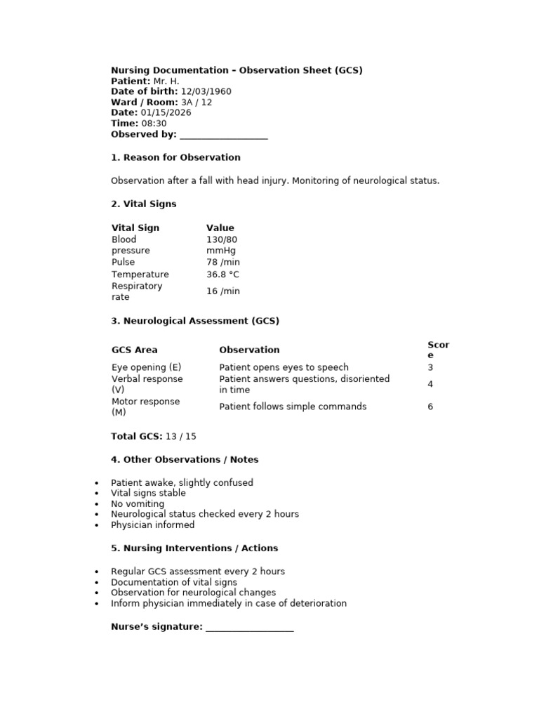 Nursing GCS Observation Sheet | PDF