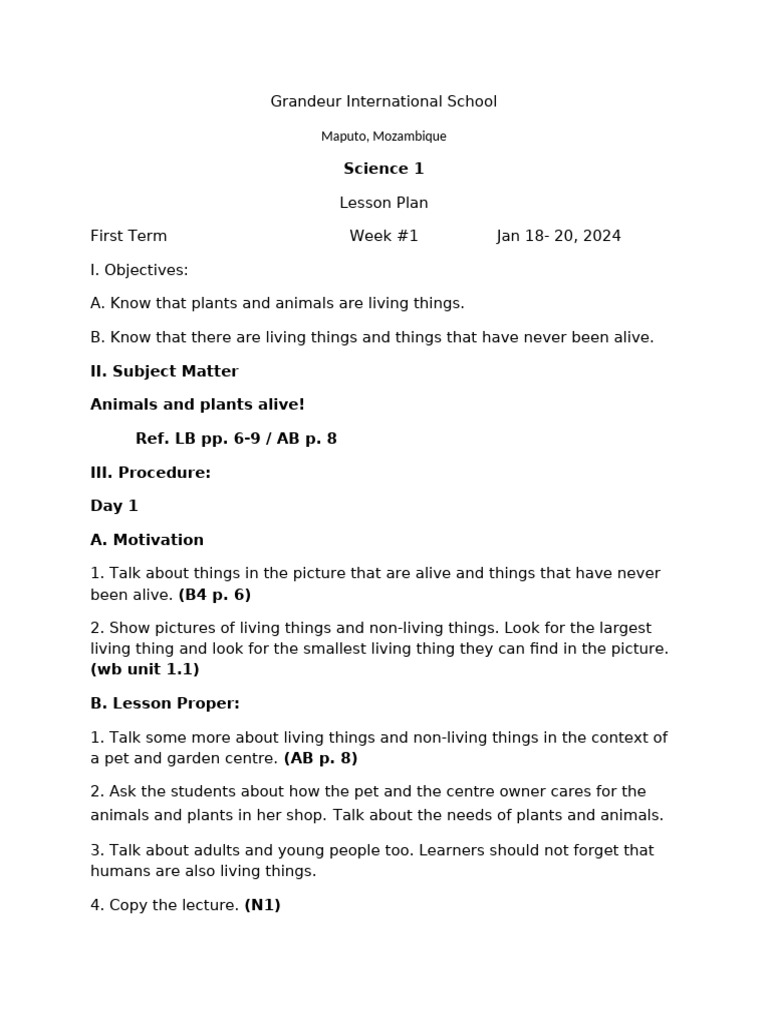 Lesson Plan 1st Week Science 1 | PDF | Chess Openings | Chess Theory