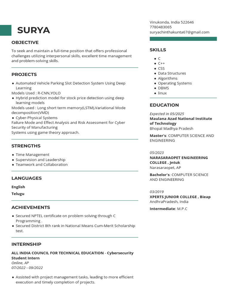 Surya Resume | PDF | Cognition | Cognitive Science