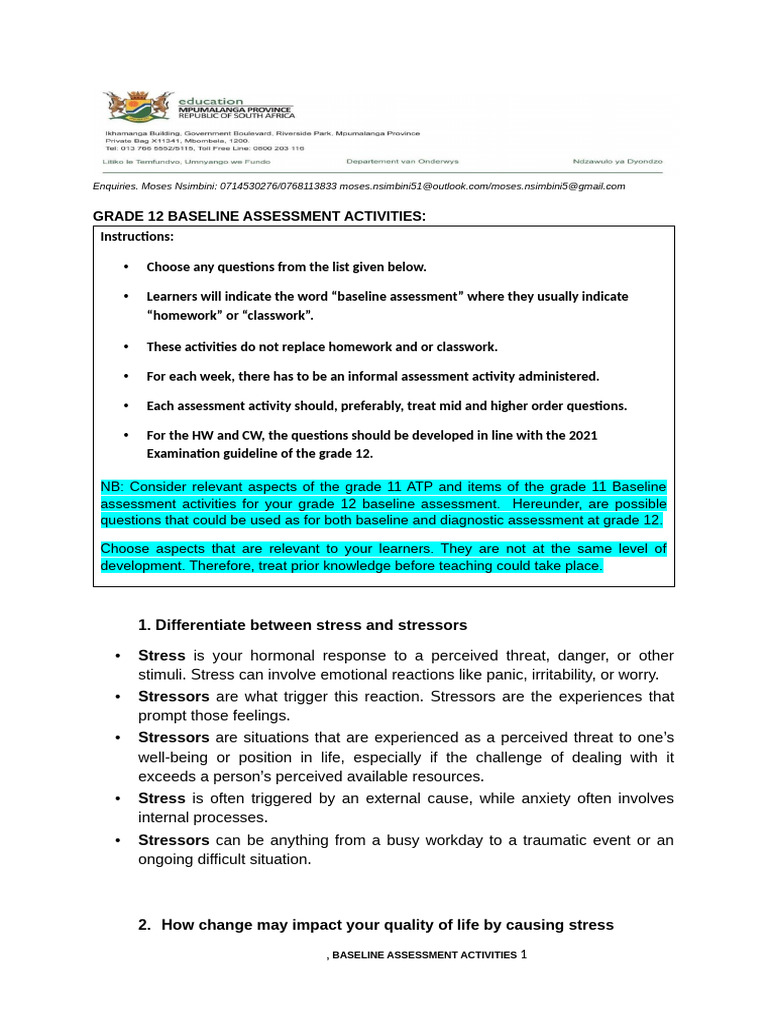 Grade 12 Baseline Assessment Guide | PDF | Conflict (Process) | Study ...
