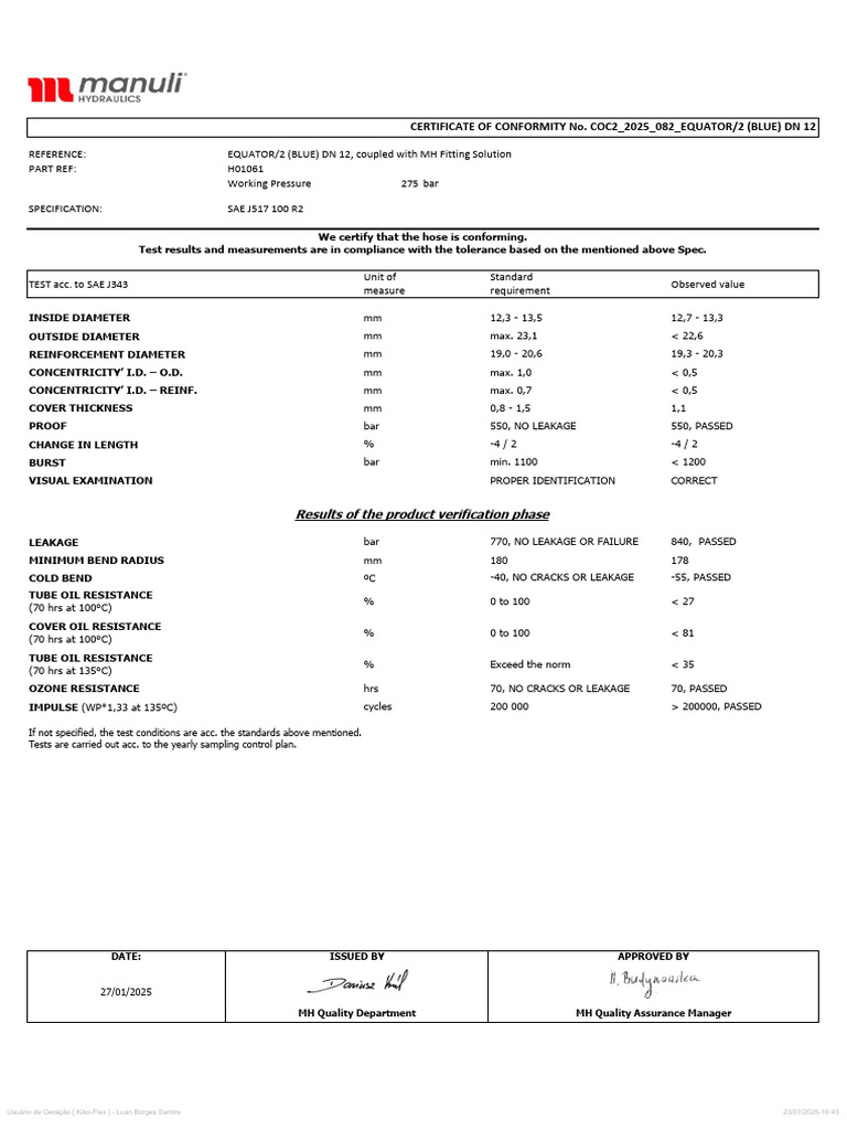 Hydraulic Hose Test Certification | PDF