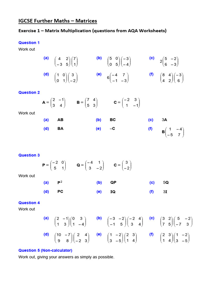 IGCSE Further Maths: Matrix Exercises | PDF | Matrix Theory | Linear ...