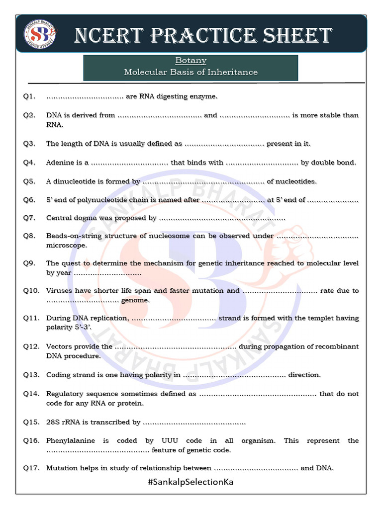NCERT Botany Inheritance Practice Sheet | PDF | Gene | Dna