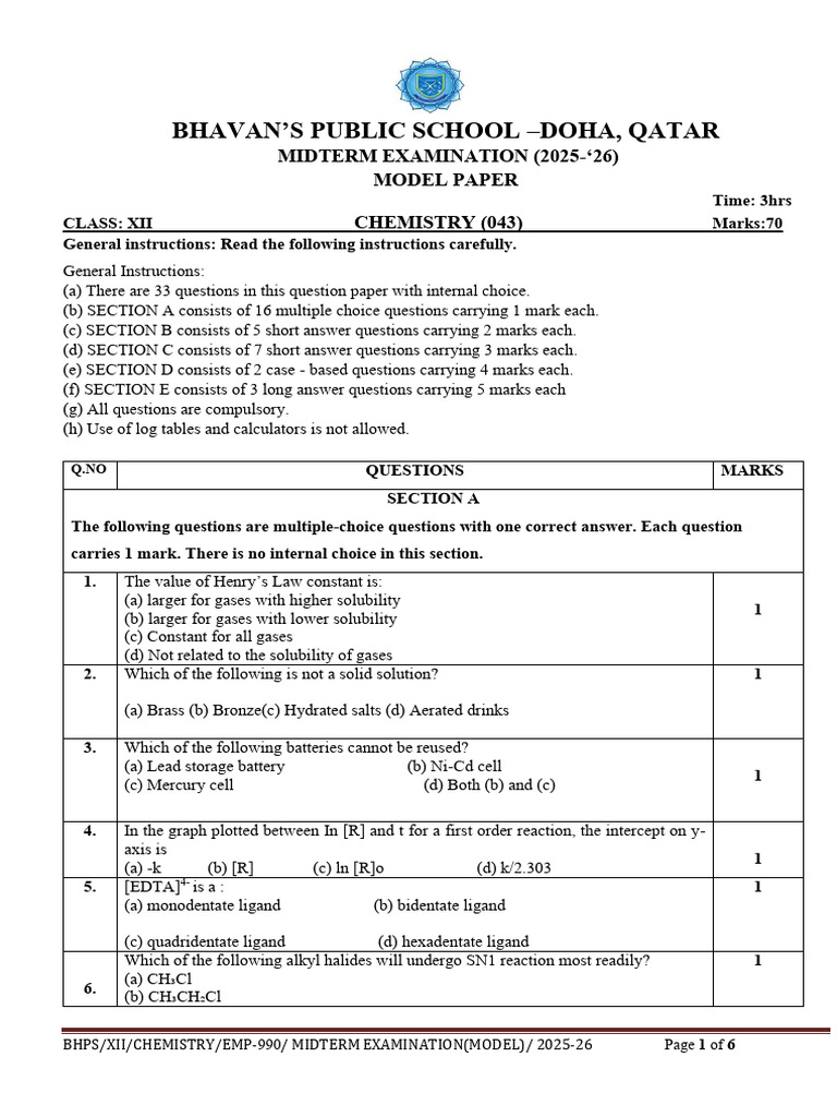Chemistry Midterm Exam Model Paper 2025-26 | PDF | Chemistry | Physical ...