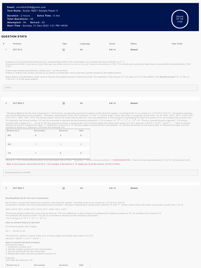 Scaler NSET Sample Paper II Results | PDF | Exponentiation | Decimal