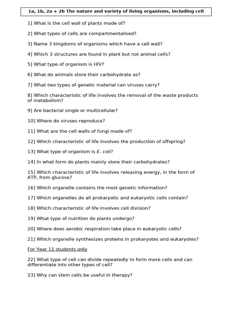 1a1b - Characteristics and Variety of Life BLANK | PDF