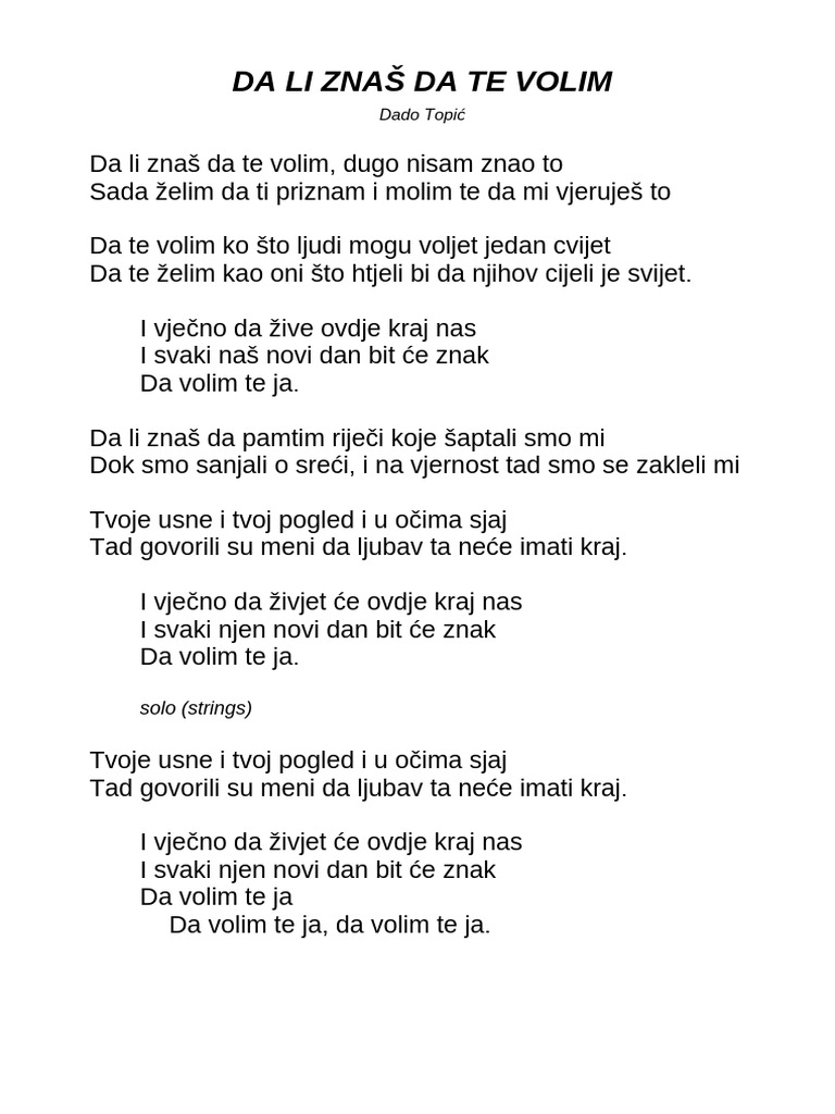 Dado Topic - Da Li Znas Da Te Volim | PDF