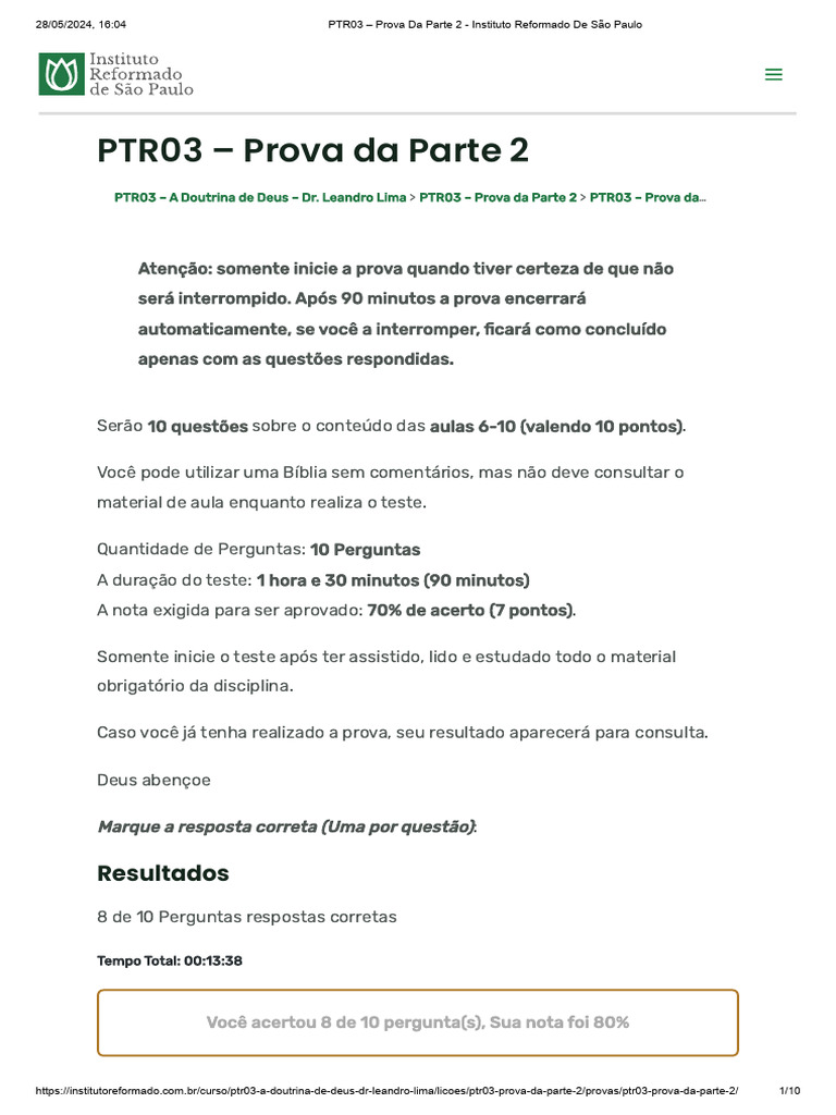 PTR03 – Prova Da Parte 2 - Instituto Reformado de São Paulo | PDF ...