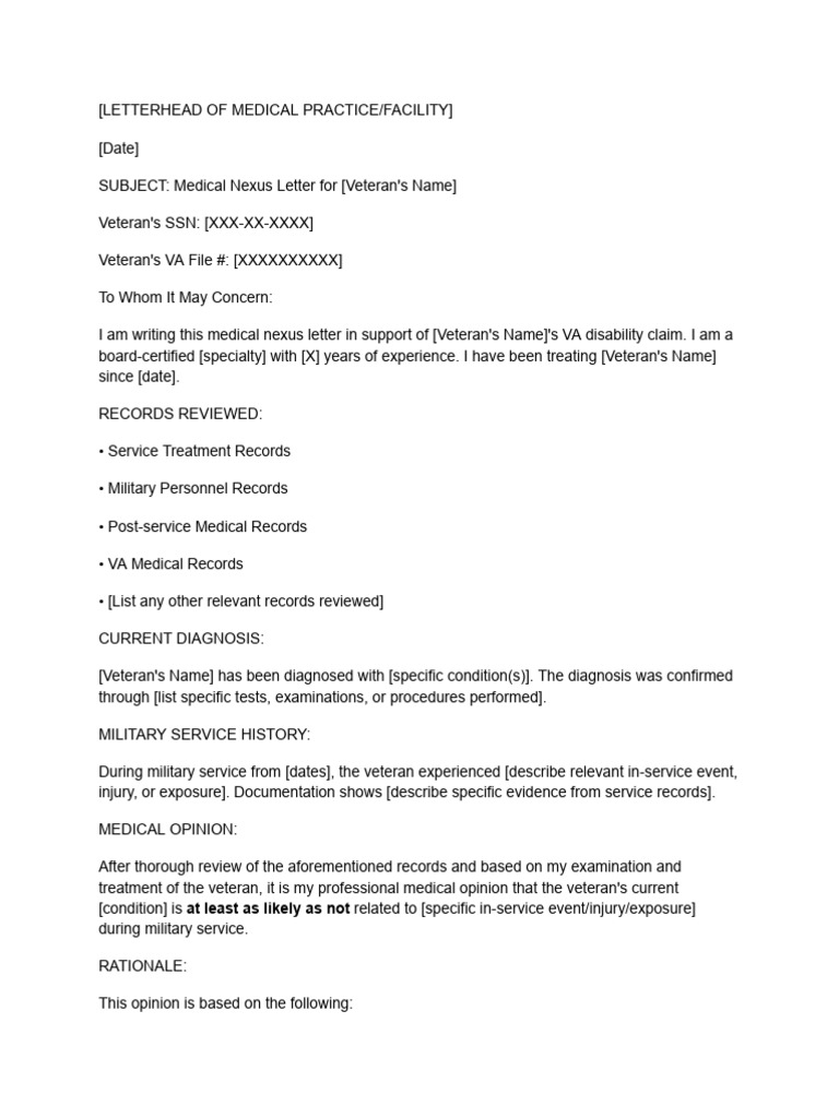 Medical Nexus Letter for VA Disability | PDF