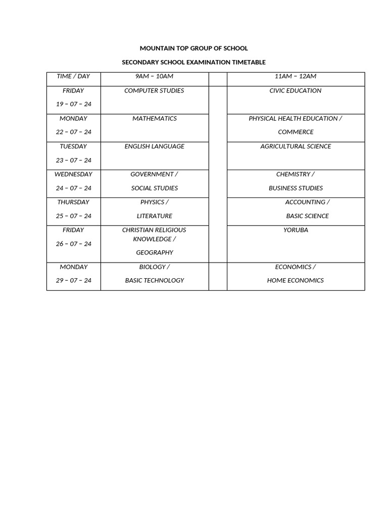 Mountain Top Secondary School Exam Time Table 1 | PDF