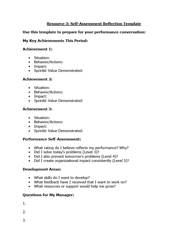 Self-Assessment Reflection Template | PDF