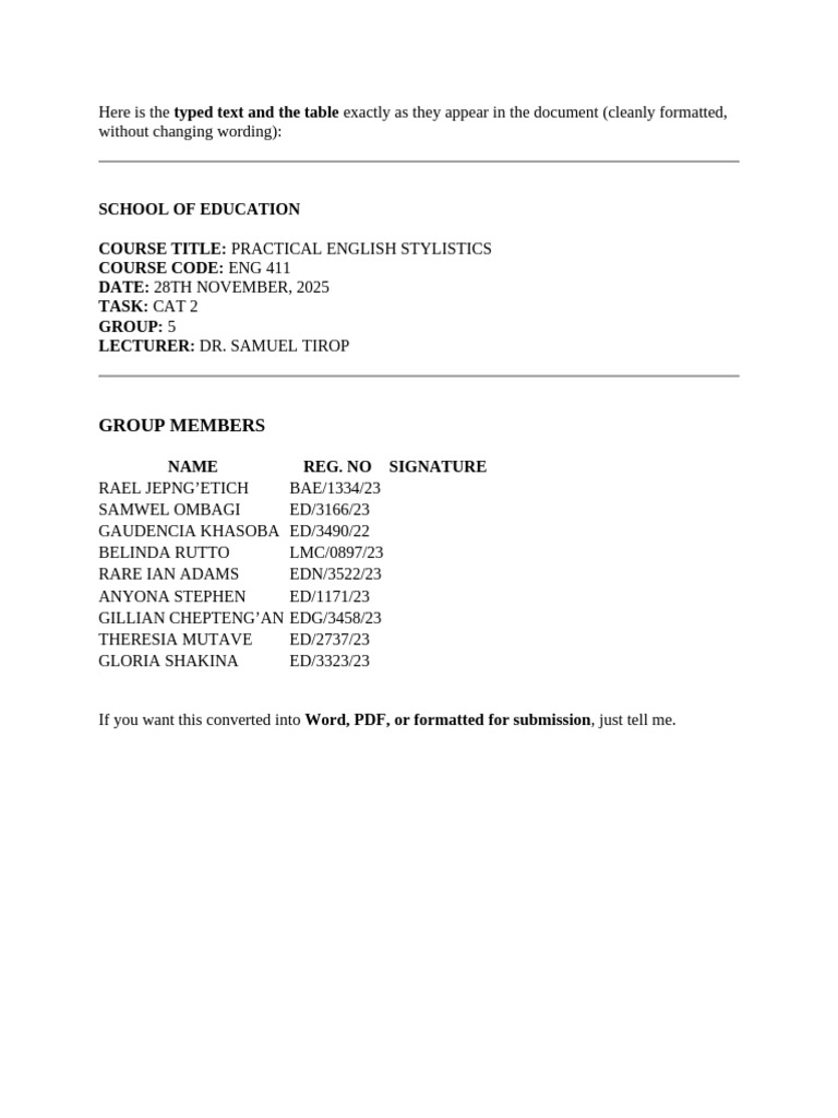 Here is the Typed Text and the Table Exactly as They Appear in the ...